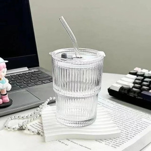 JIGSHTIAL Drinking Coffee Cup Sipper Glass with Straw and lid Glass ...