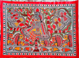 MITHILA HUNAR MADHUBANI PAINTING KRISHNA LEELA YAMUNA GHAT PAR Acrylic ...