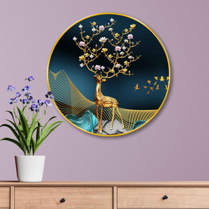 SAF PRINT Golden Deer with Floral Antlers Round Wall Painting – Luxury ...