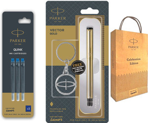 PARKER VECTOR GOLD FOUNTAIN PEN WITH GOLD TRIM WITH BLUE CARTRIDGE AND ...