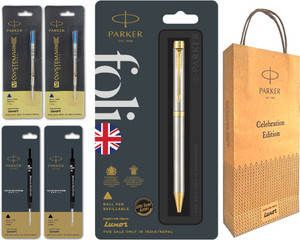 PARKER FOLIO STAINLESS STEEL BALL PEN WITH GOLD TRIM WITH BLUE BLACK ...