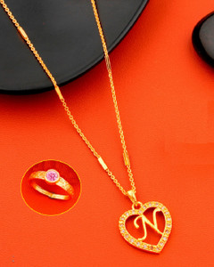 Vraj india N name letter Diamond Pendant locket chain with ring for ...