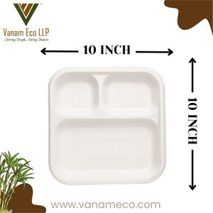 Vanam Eco LLP VANAM ECO 10 inch, 3-Compartment Square (Pav-Bhaji Plate ...