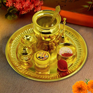 ME&YOU Golden Color Plated Pooja Thali Set for Diwali, Navratri, Durga ...