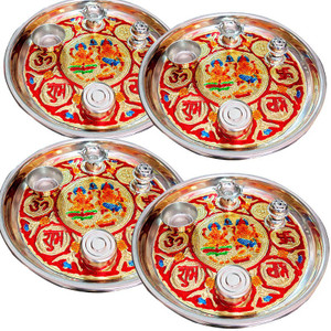 SAVAGE Steel pooja thali with sticker diya agarbatti stand (pack of 4 ...