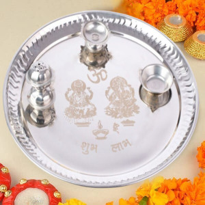 Mannat Heavy Steel 10 Inch Pooja Thali With Deepa,Agarbatti Stand and ...