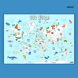 Decorative Kids World Map Poster – 24 x 33 Inch with Fun Capitals ...