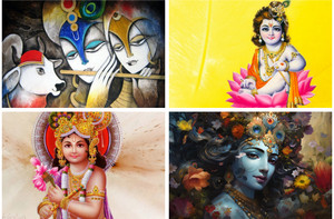 Poster 4 Combo Bal Krishna, Lord Krishna Poster | Radha-Krishna,Laddu ...
