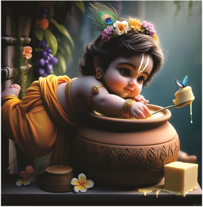 Good Think Bal Krishna With Matki God Wall Poster For Pooja Room,Office ...