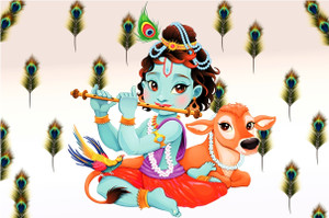 Lord bal Krishna Flute Singing with Cow and Peacock Petal 3D Poster ...
