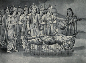 Krishna and Pandavas along with Narada converse with Bhishma who is on ...