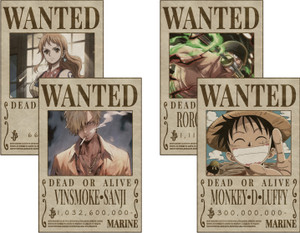 One Piece Anime Wanted Wall Poster / Wall Sticker Kit Of 4 - Unframed ...