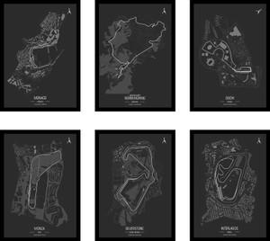 Pack of 6 - F1 Race Maps Art Wall Framed Posters 8x12 inch (A4 Size ...