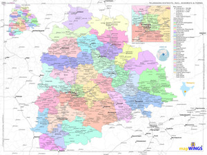 Map of { TELANGANA } with Towns, Highways-Rail and District Boundaries ...