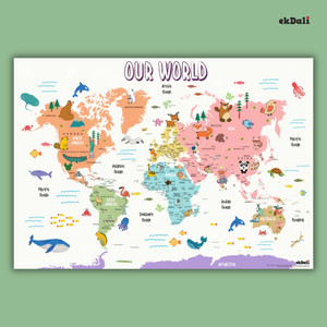 Complete World Map Poster with Capitals, Countries, Landmarks & Animals ...