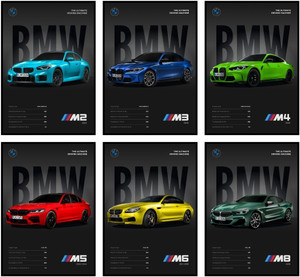 BMW Car Posters (Set of 6) A4 Car Posters BMW M2, M3, M4, M5, M6 & M8 ...