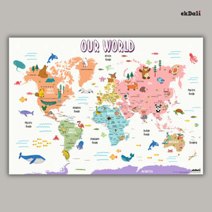 Educational World Map Poster with Capitals, Countries & Wildlife Paper ...