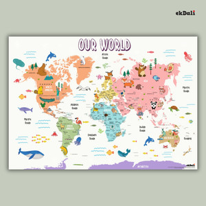 Bright & Fun World Map Featuring Countries, Capitals & Animals Paper ...