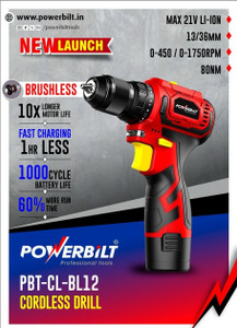 PowerBilt PBT-CL-BL 12V CORDLESS BRUSHLESS DRILL 12V LI-ION BATTERY ...
