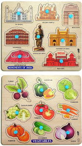 GREST Mini Wooden Monuments and Vegetables Puzzle, Educational and ...