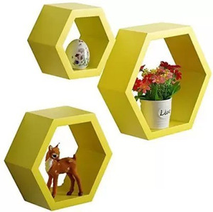 Woodenstories Wooden hexagon set of 3 floating wall shelves for living ...