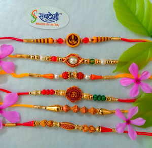 Aurum Religious 6 Pieces Rakhi set Mauli Thread, Gold Finish Envelope ...