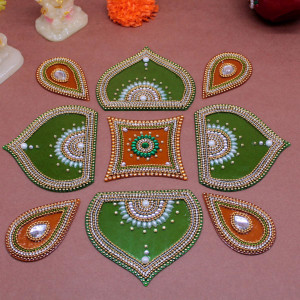 Mykanha Handmade Decorated Rangoli 9 Pieces Set (Green & Orange ...
