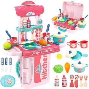 xelix 3 in 1 Kitchen Set Portable Pretend Play Little Chef Set with ...