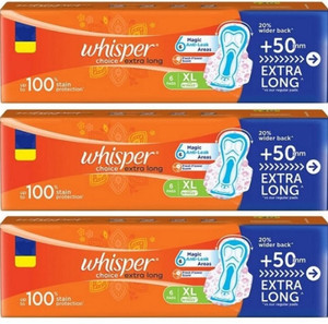 Whisper Choice Extra Long stain protection XL-6+6+6 Counts sanitary ...