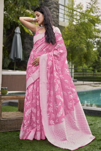 Buy Sariya Woven Banarasi Jacquard, Silk Blend Pink Sarees Online ...