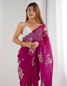 Buy Satrani Embellished, Embroidered Bollywood Chiffon Pink Sarees ...