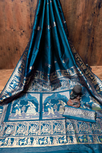 Buy Ratnavali Woven Baluchari Silk Blend Blue Sarees Online @ Best ...