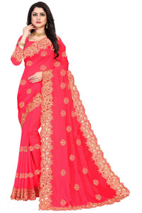 Buy Janvi fashion Embroidered Bollywood Silk Blend Gold, Pink Sarees ...