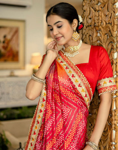 Buy Satrani Printed, Embellished, Embroidered Bandhani Silk Blend ...