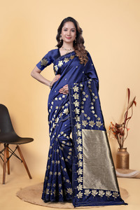 Buy NENCY FASHION Woven, Floral Print Kanjivaram Pure Silk Dark Blue ...