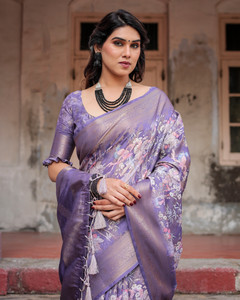 Buy ALMAARI FASHION Digital Print Banarasi Pure Silk Purple Sarees ...