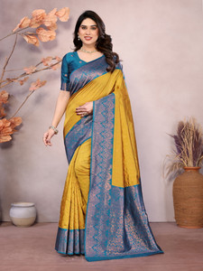 Buy AVANTIKA FASHION Woven Kanjivaram Pure Silk, Art Silk Yellow, Light ...