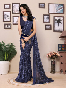 Buy sareya veela Printed Daily Wear Georgette Blue Sarees Online @ Best ...