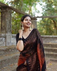 Buy Keronics Woven Banarasi Cotton Blend Black Sarees Online @ Best ...
