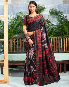 Buy Satrani Printed, Embellished, Striped Bollywood Silk Blend Black ...