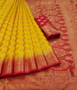 Buy RAJA RANI SAREE Woven Kanjivaram Nylon Yellow Sarees Online @ Best ...