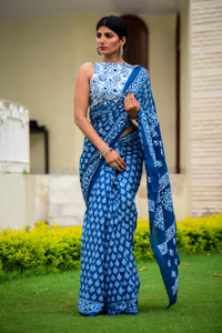 Buy BUTTA'S Printed Hand Batik Pure Cotton Blue Sarees Online @ Best ...