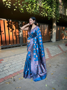Buy GARIYA Woven Bollywood Jacquard Light Blue Sarees Online @ Best ...