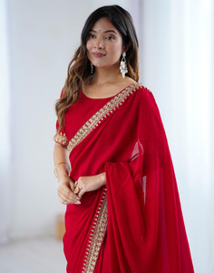 Buy Satrani Embroidered, Embellished Bollywood Silk Blend Red Sarees ...
