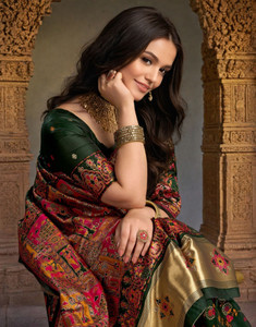 Buy Satrani Woven Banarasi Pure Silk Dark Green Sarees Online @ Best ...