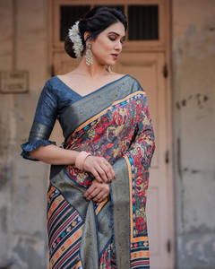 Buy ALMAARI FASHION Digital Print Kalamkari Silk Blend Multicolor ...