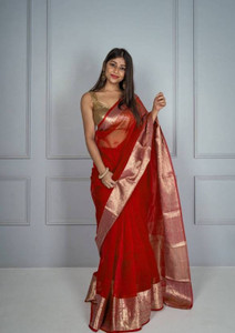Buy Priya Solid/Plain, Self Design Daily Wear Organza Red Sarees Online ...