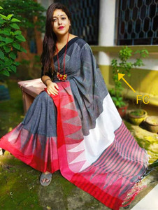 Buy Balika bodhu Self Design Handloom Pure Cotton Grey, Red Sarees ...