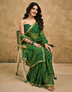 Buy SIRIL Striped, Embellished Bandhani Georgette Green Sarees Online ...