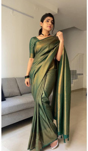 Buy AVANTIKA FASHION Woven Kanjivaram Pure Silk, Art Silk Green Sarees ...
